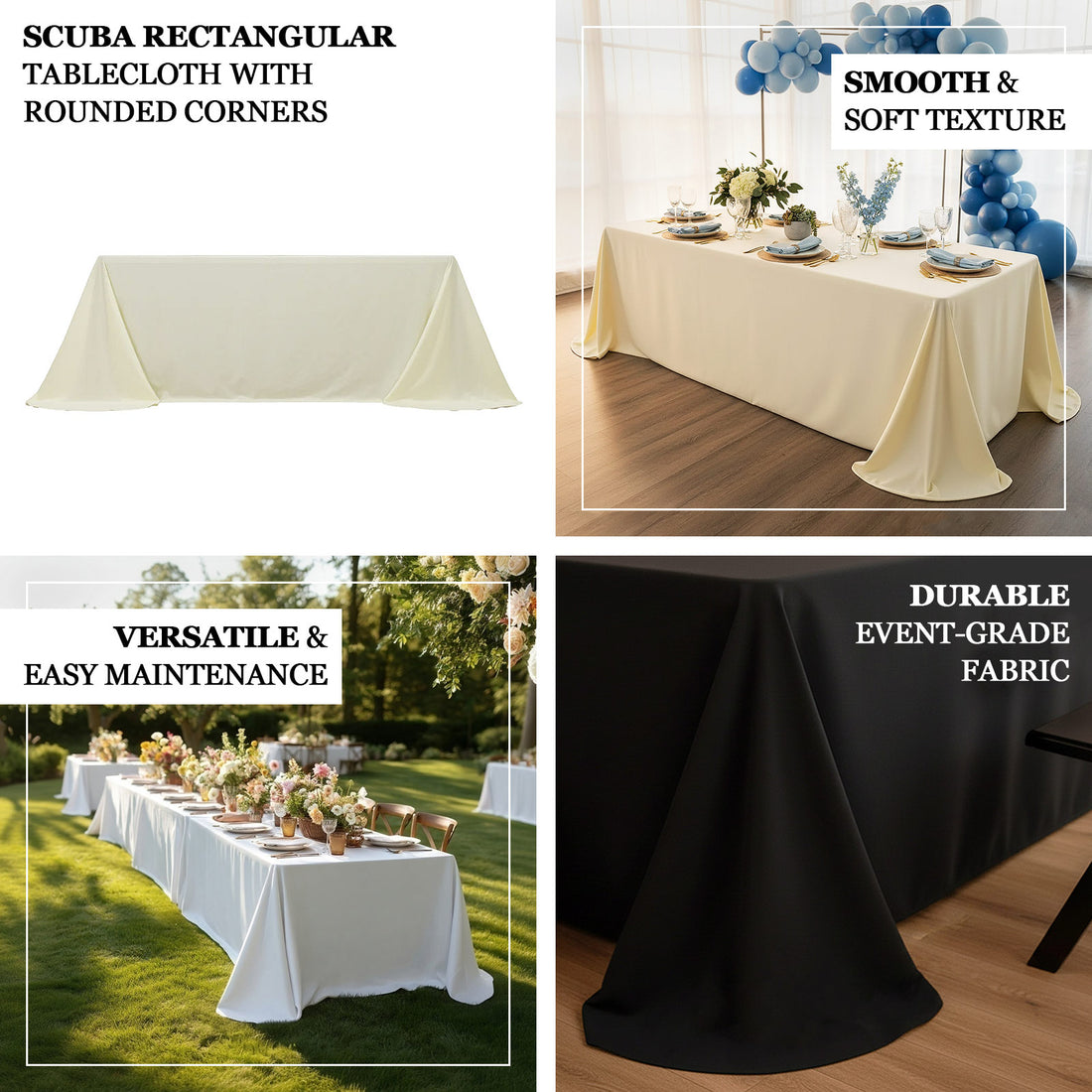 Scuba 90x132 Rounded Corner Tablecloth White | eFavormart