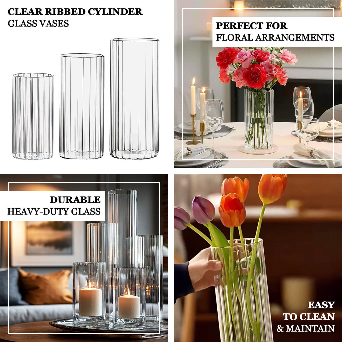 6 Pack Ribbed Cylinder Glass Vases 16" Clear | eFavormart