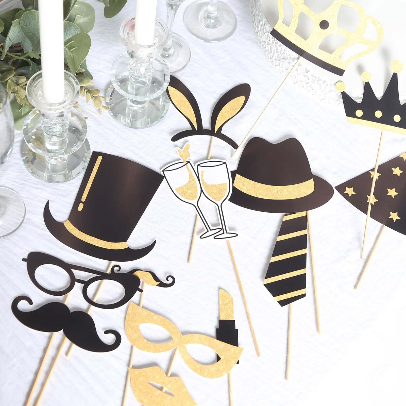 24-Pack Black Gold Glitter Photo Booth Props | eFavormart.com