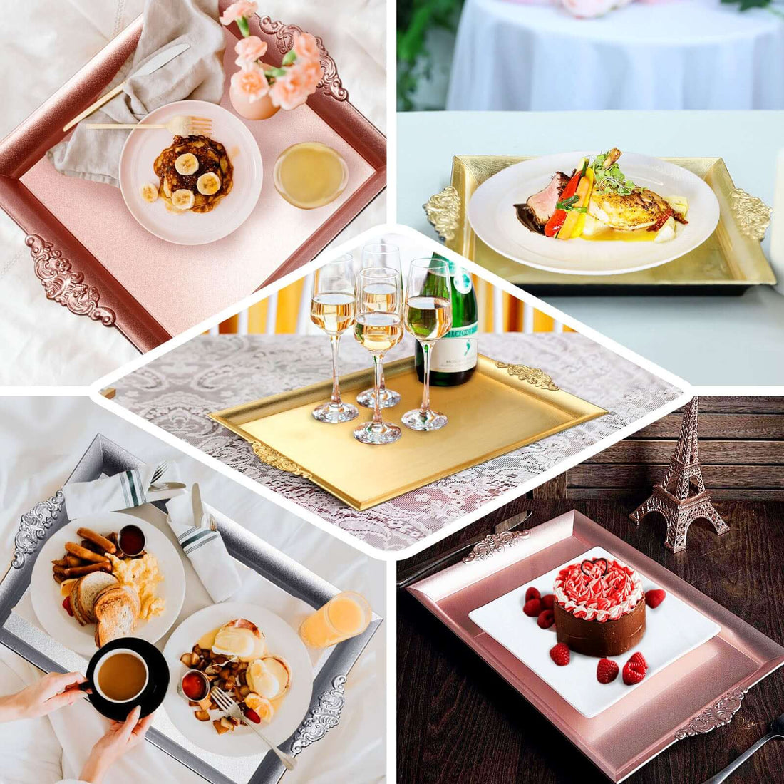 Embossed Rim Acrylic Serving Trays Gold 14"x10" | eFavormart