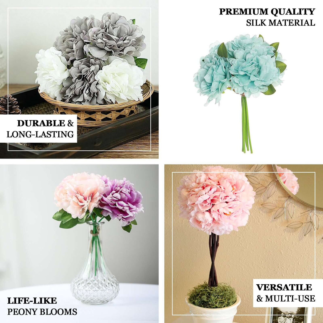 11" Silver Blue Silk Peonies Bouquet | eFavormart