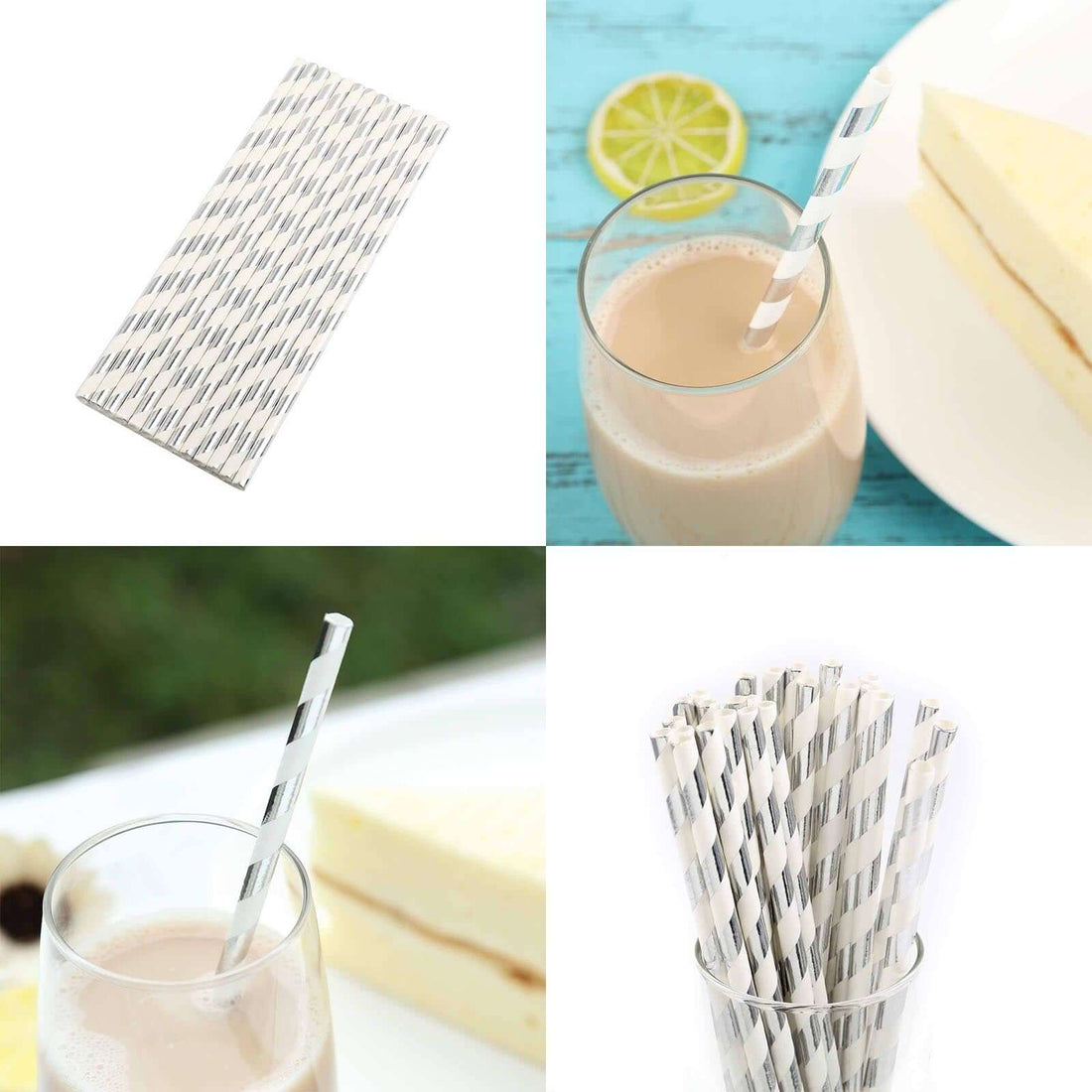 White Paper Straws with Silver Stripes 8" | eFavormart