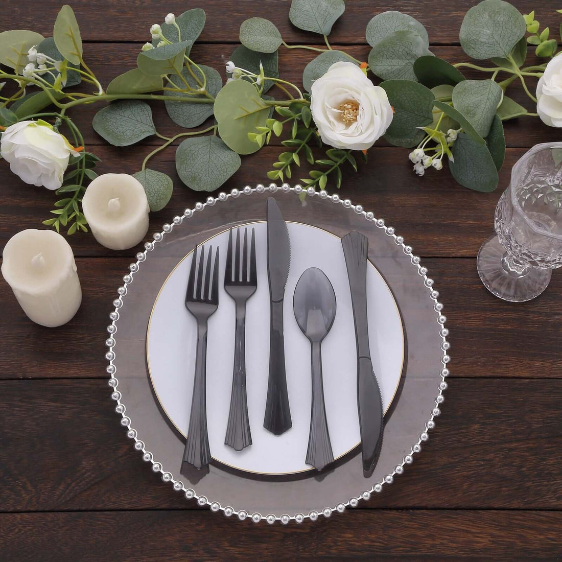 Plastic Silverware Set 7" Fan Flared Transparent Black | eFavormart