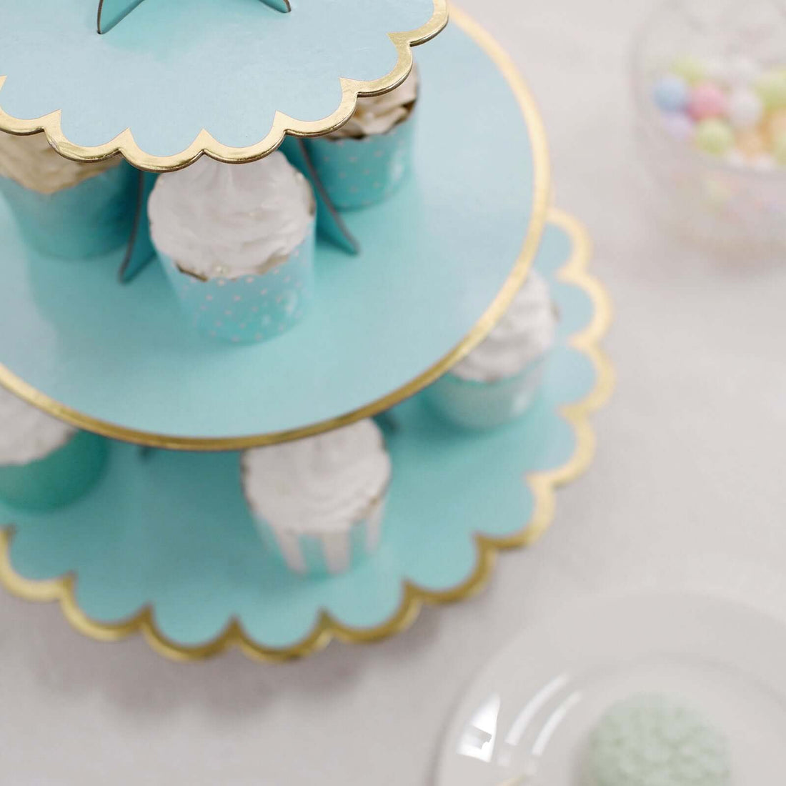 3-Tier Cardboard Cupcake Stand 13" Light Blue/Gold | eFavormart