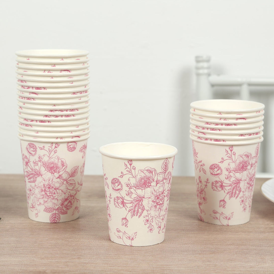 24 Pack French Toile Paper Cups 9oz White/Pink | eFavormart