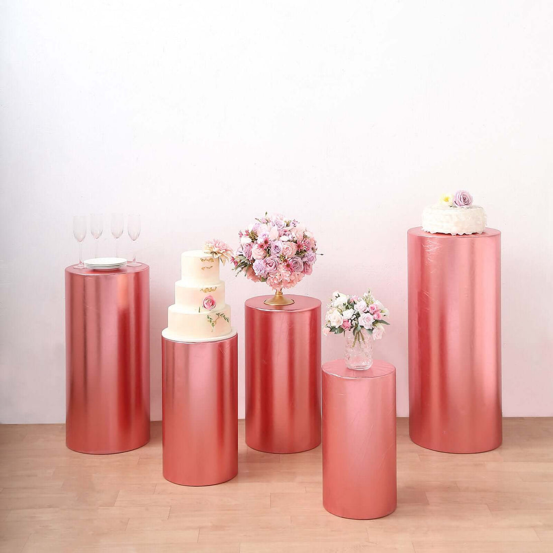 5 Metallic Rose Gold Cylinder Pillar Prop Covers | eFavormart