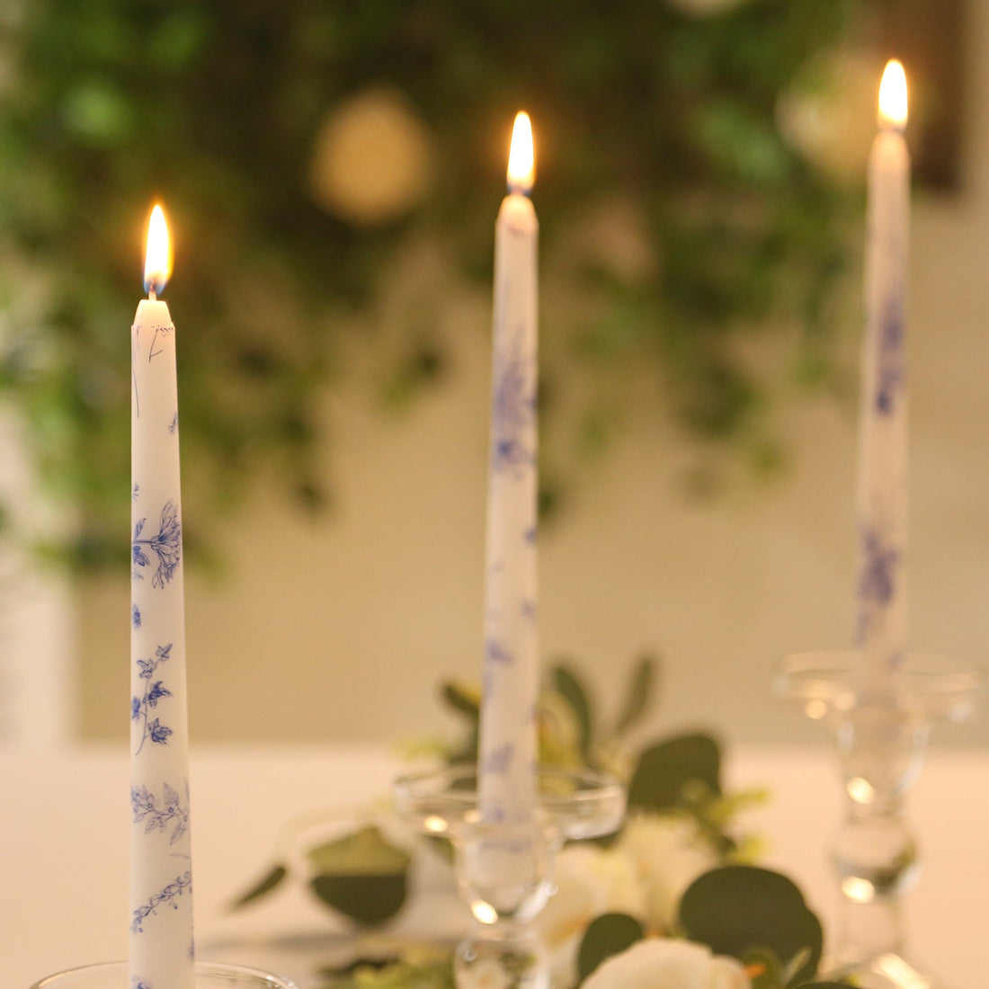 White & Blue French Toile Wax Taper Candles | eFavormart