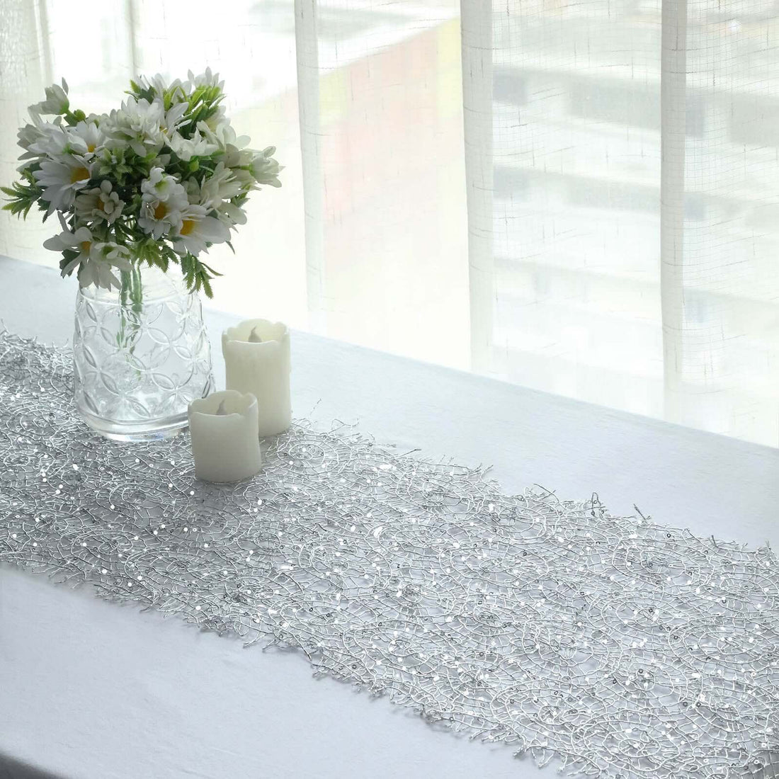 Schiffli Lace Table Runner 12"x108" Silver | eFavormart
