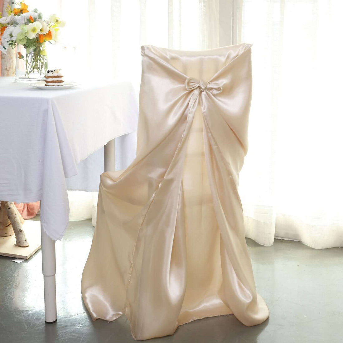 Satin Self-Tie Universal Chair Cover Beige | eFavormart