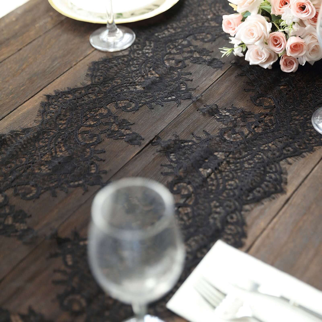 Premium Lace Table Runner 15"x117" Black | eFavormart
