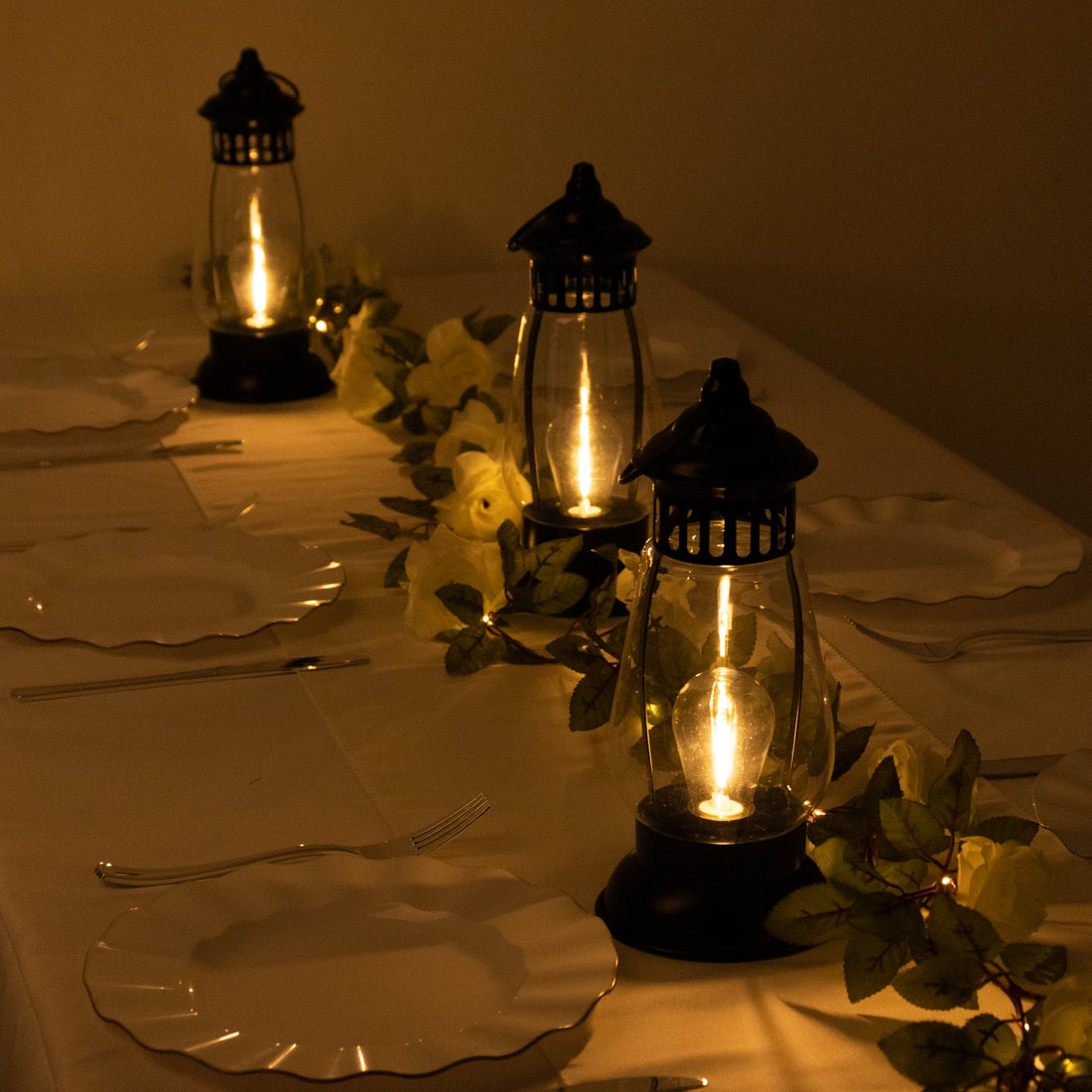 Black Vintage Hanging Metal LED Lantern 10" | eFavormart