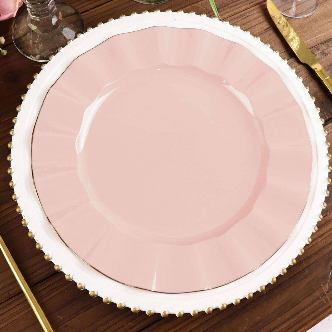 Plastic Ruffled Dinner Plates 11" Blush/Gold | eFavormart