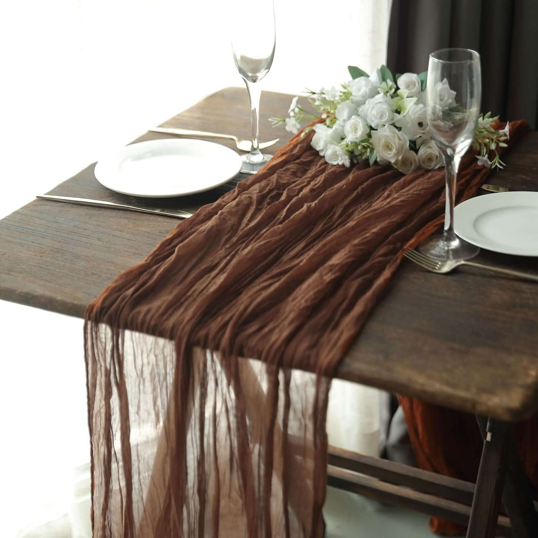 Cheesecloth Boho Table Runner 10ft Cinnamon Brown | eFavormart