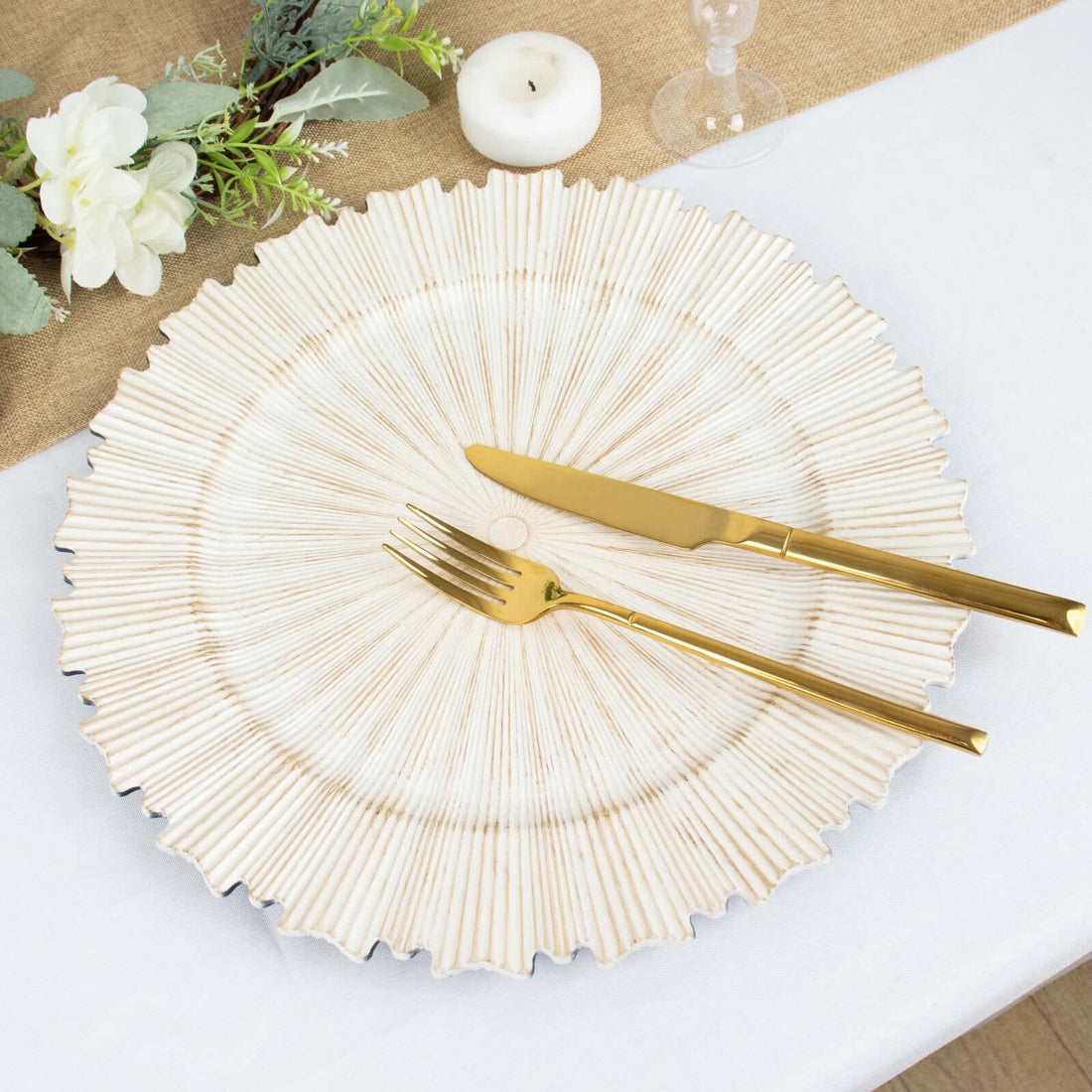 Washwhite Sunray Scalloped Rim Charger Plates | eFavormart