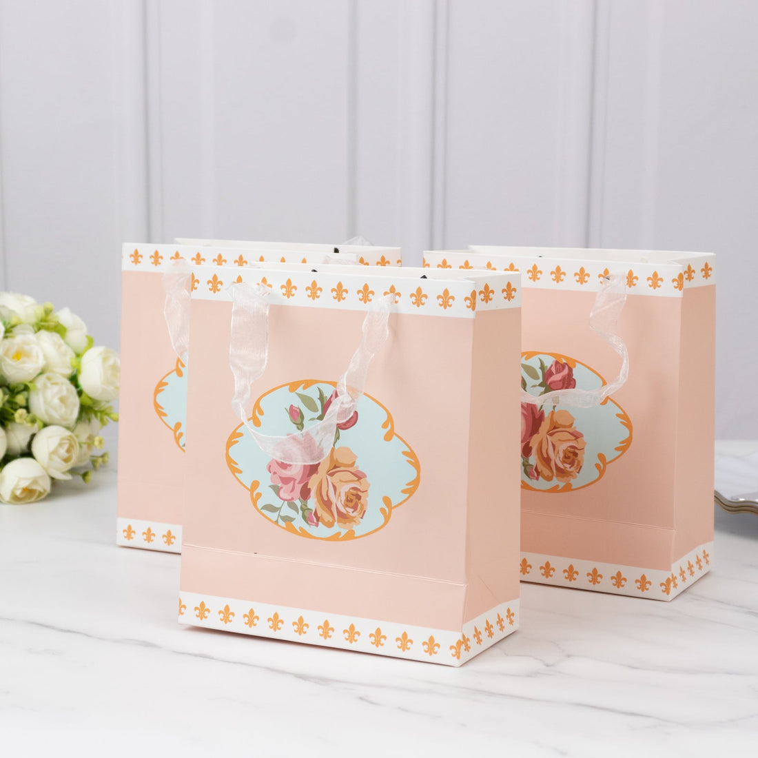 12-Pack Rose Floral Gift Bags Dusty Rose | eFavormart