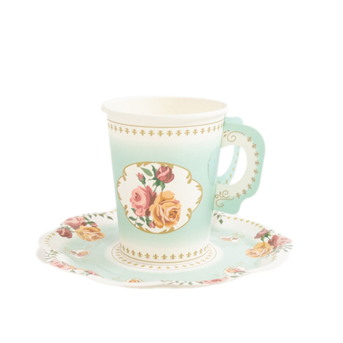 Paper Cups Saucers Rose Floral Set 25 Pack Turquoise | eFavormart