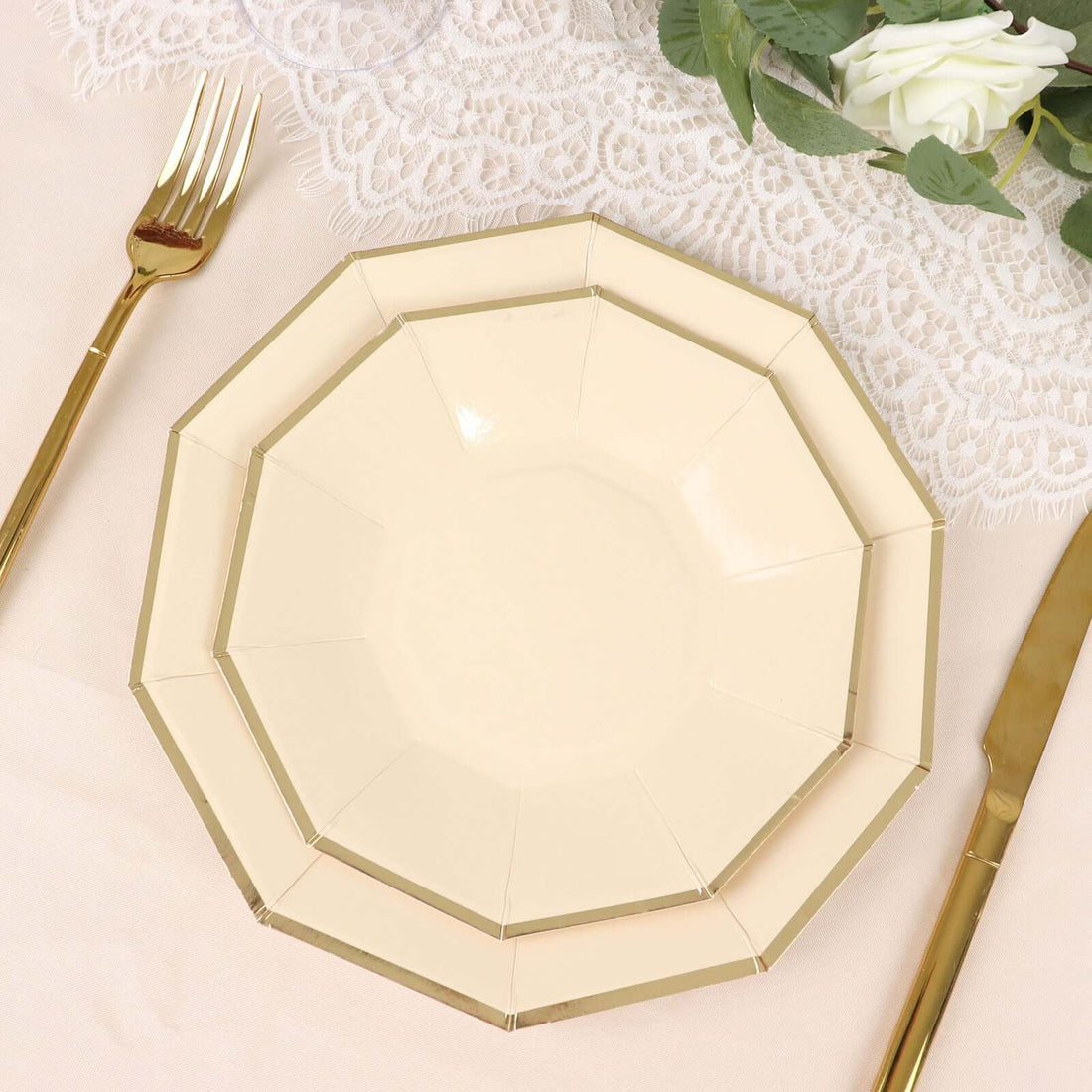 Paper Decagon Dinner Plates 9" Beige/Gold | eFavormart