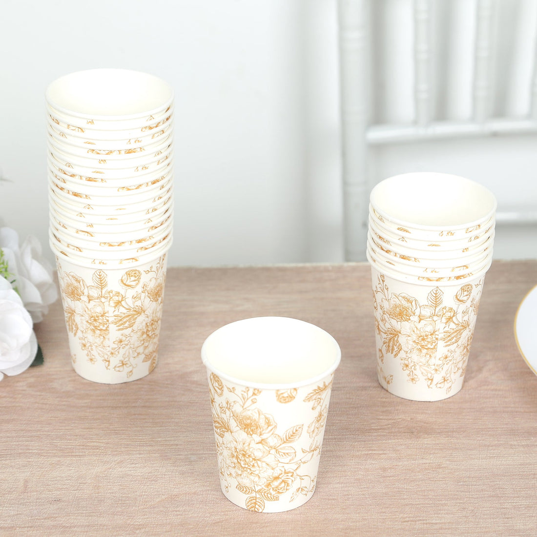 French Toile Paper Cups 9oz White/Gold | eFavormart