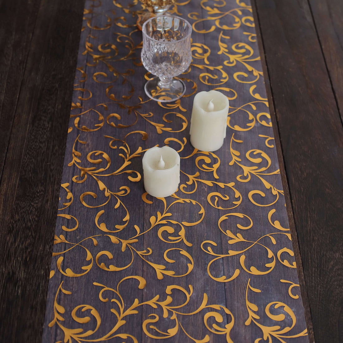 Organza Runner 12"x108" Gold Floral Design | eFavormart