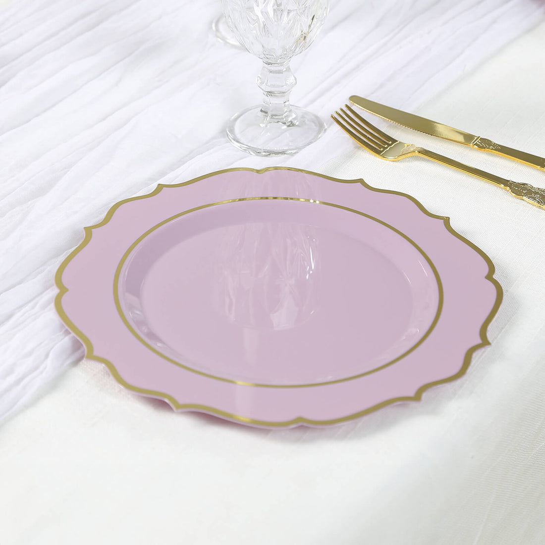 Plastic Round Scalloped Dinner Plates 10" Lavender/Gold | eFavormart