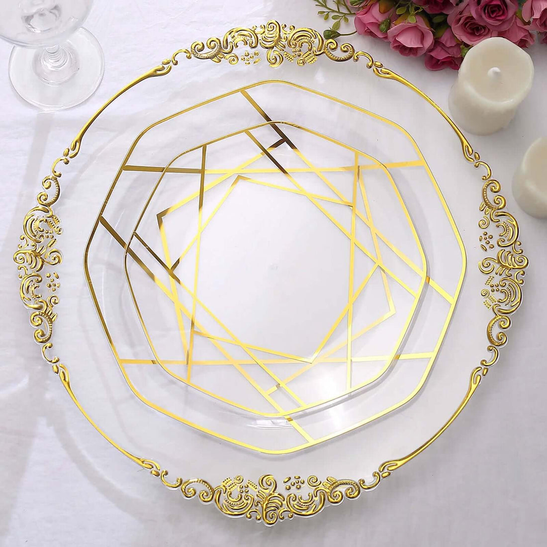 Plastic Octagon Dinner Plates 10" Clear/Gold | eFavormart