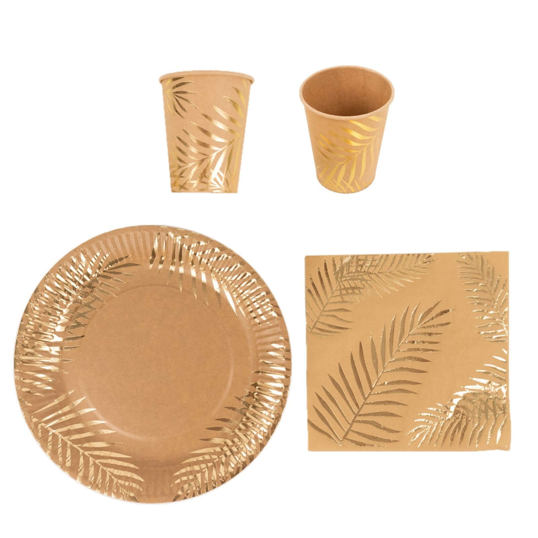 72pc Paper Dinnerware Set Gold Foil Palm Natural | eFavormart
