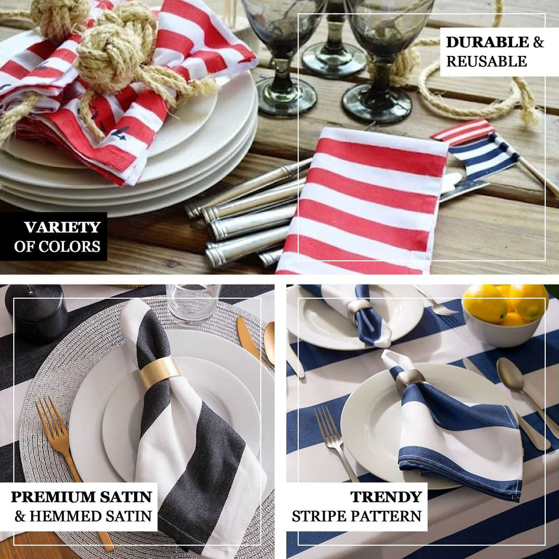 Striped Satin Napkins 20"x20" Black/White | eFavormart