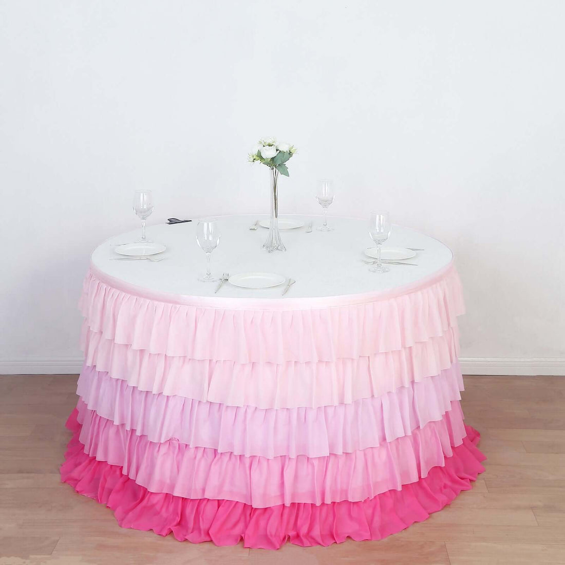 Chiffon Table Skirt 14ft Gradient Pink | eFavormart