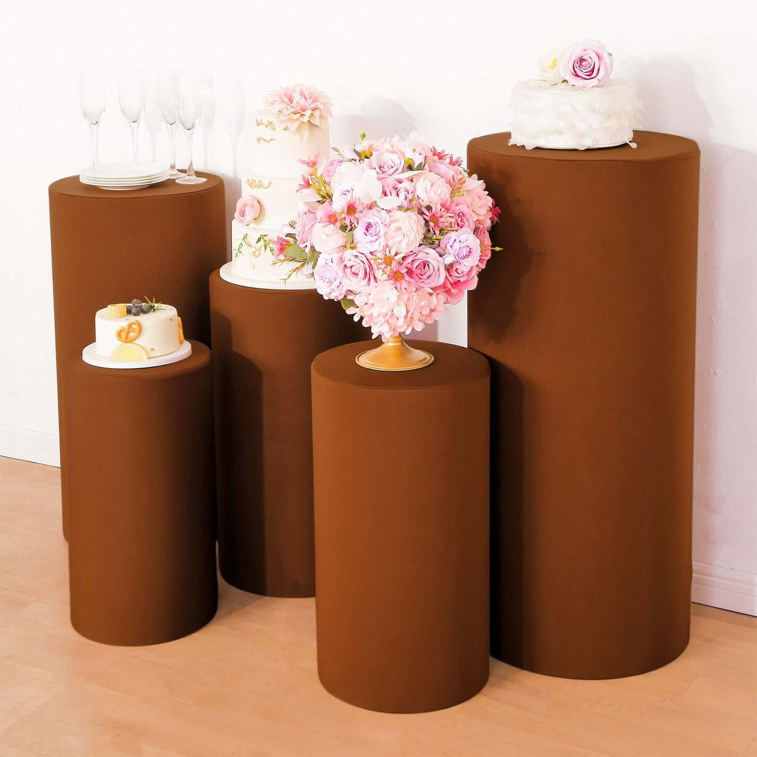 5 Cinnamon Brown Cylinder Pillar Prop Covers | eFavormart