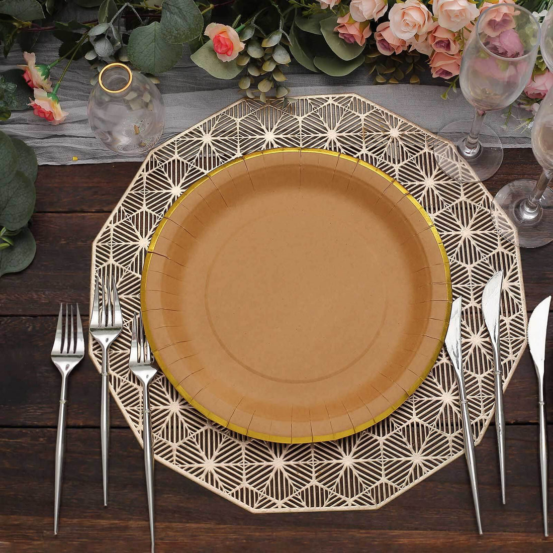 Kraft Paper Dinner Plates 10" Natural Brown Gold Rim | eFavormart
