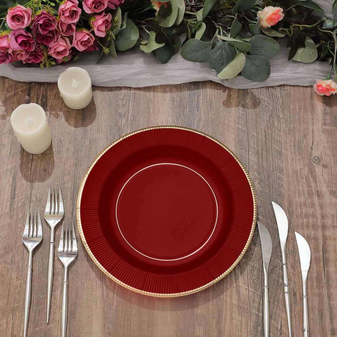 25pk 10in Paper Dinner Plates 350GSM Burgundy | eFavormart
