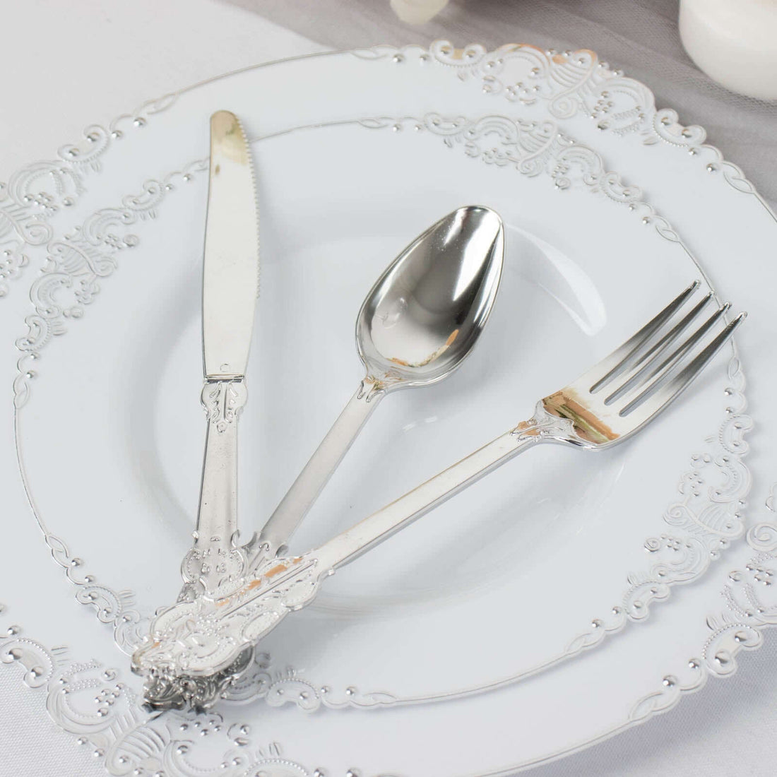 24pc Baroque Silverware Set Heavy Duty Silver | eFavormart