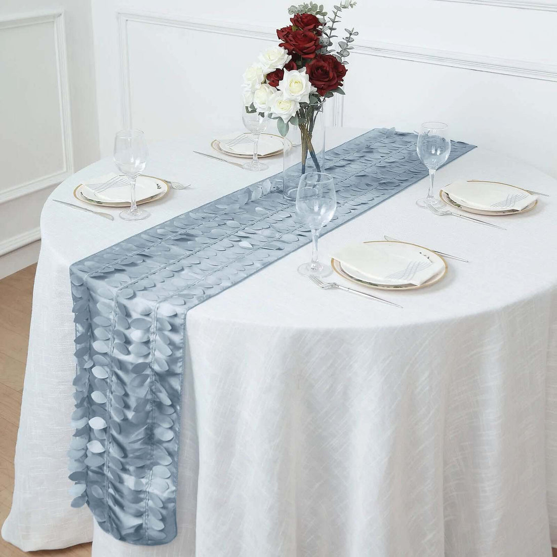 Leaf Petal Taffeta Table Runner 12"x108" Dusty Blue | eFavormart