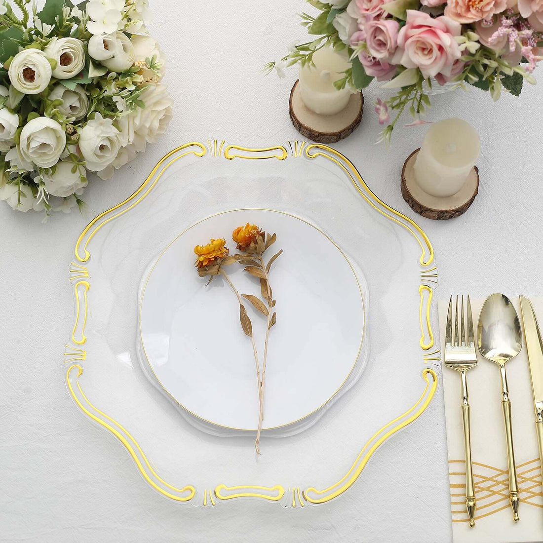 Clear/Gold Baroque Hexagon Charger Plates 6 Pack | eFavormart