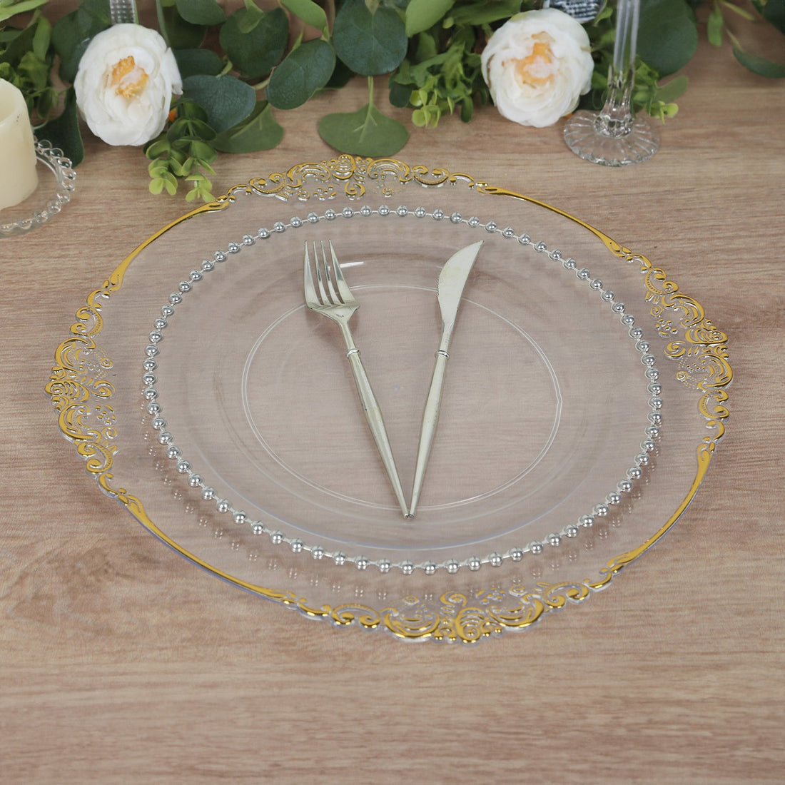 Baroque Rim Plastic Charger Plates Clear/Gold 20 Pack | eFavormart