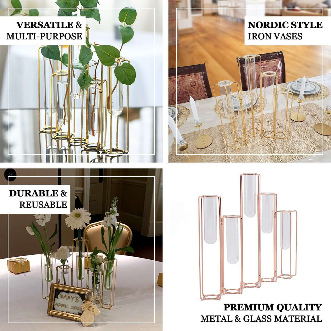 Conjoined Test Tube Vases Gold 12" | eFavormart