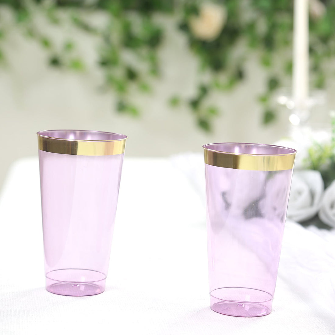 Plastic Party Cups 17oz Transparent Purple with Gold Rim | eFavormart