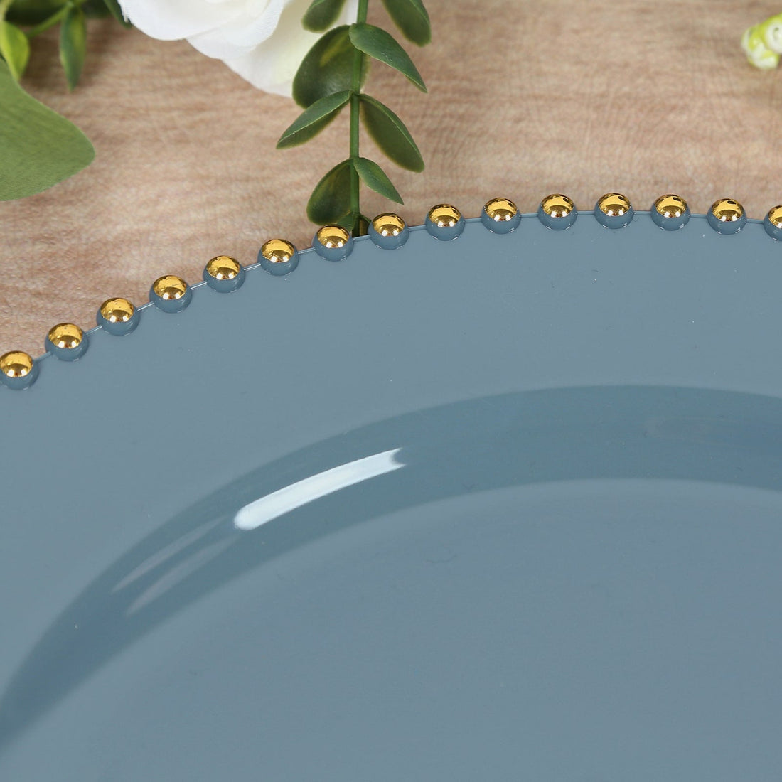 Dusty Blue Gold Beaded Charger Plates 10-Pack | eFavormart