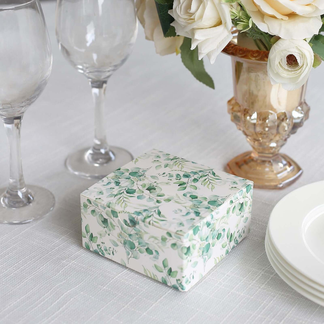 25-Pack White Green Eucalyptus Gift Boxes 4"x4"x2" | eFavormart