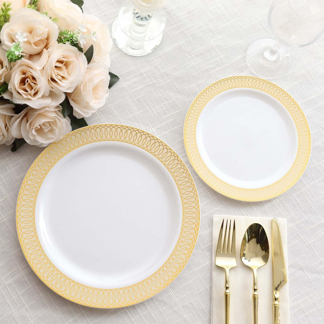 Plastic Round Spiral Dinner Plates 10" White/Beige/Gold | eFavormart