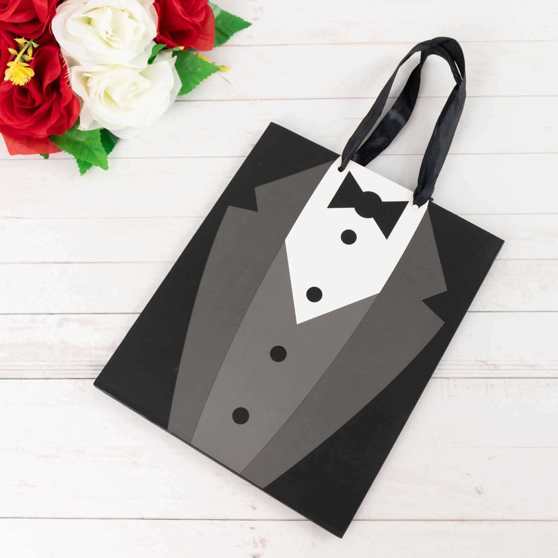 12-Pack White Tuxedo Paper Gift Bags | eFavormart