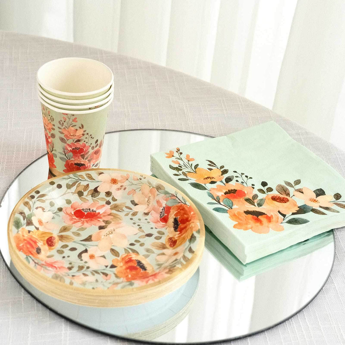 Paper Dinnerware Set Sage Green with Pink Floral Print | eFavormart
