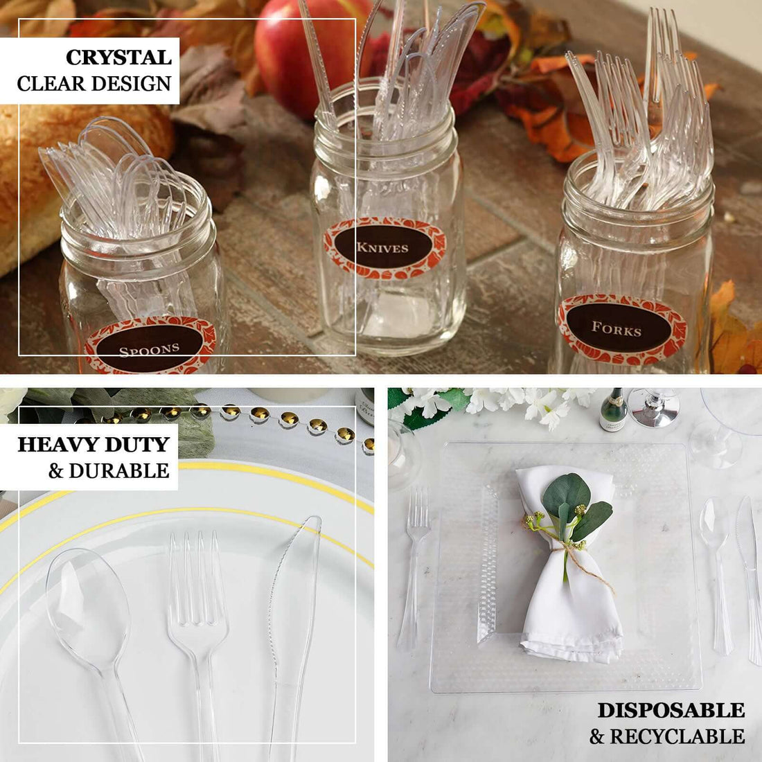 Plastic Silverware Set 7" Fan Flared Transparent Black | eFavormart