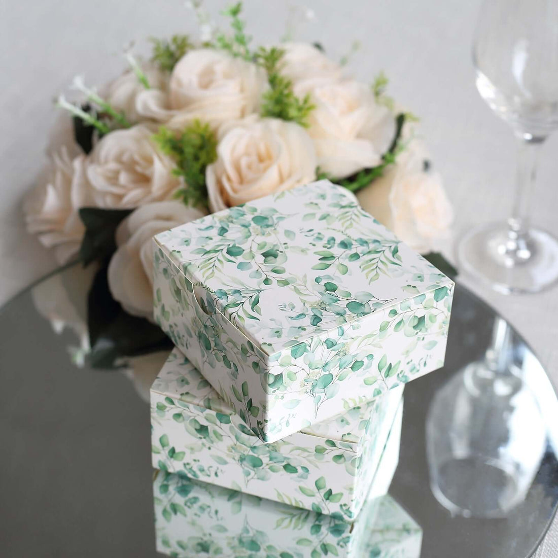 25-Pack White Green Eucalyptus Gift Boxes 4"x4"x2" | eFavormart
