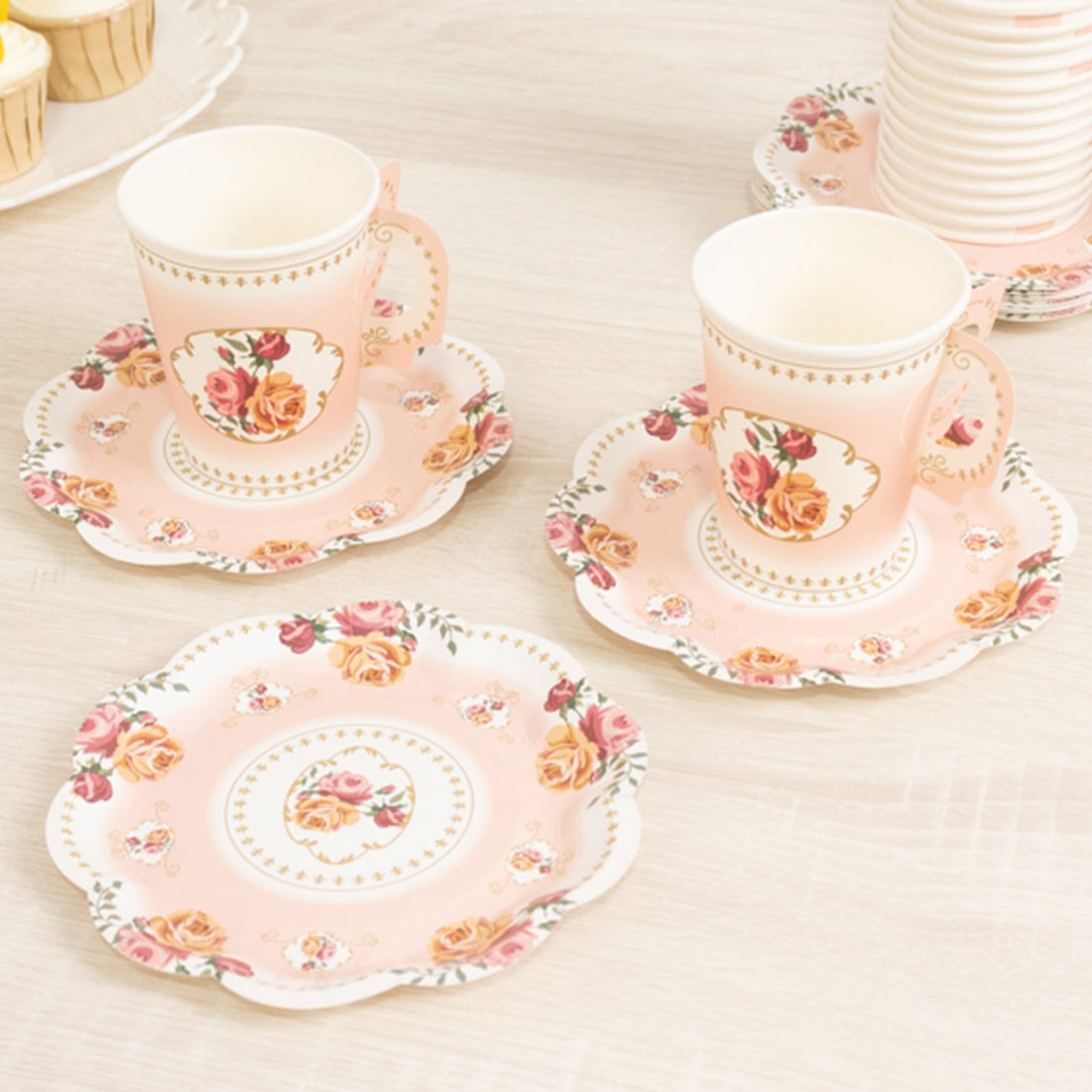 Paper Cups Saucers Rose Floral Set 25 Pack Dusty Rose | eFavormart