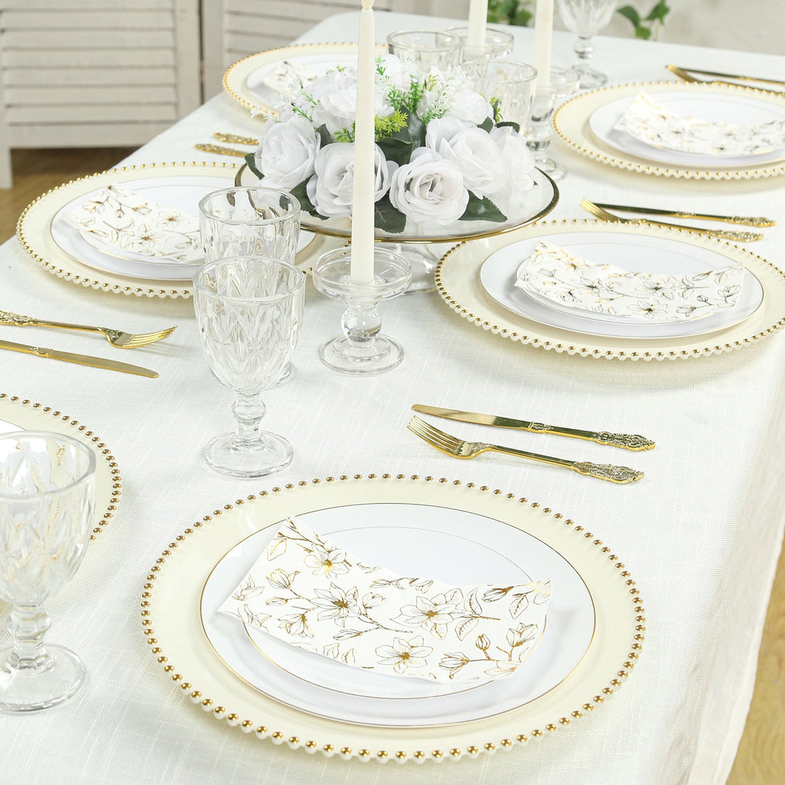 Ivory Gold Charger Plates 13" Round Beaded Rim | eFavormart