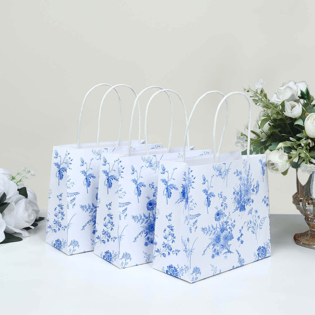 White Blue French Toile Paper Gift Bags | eFavormart