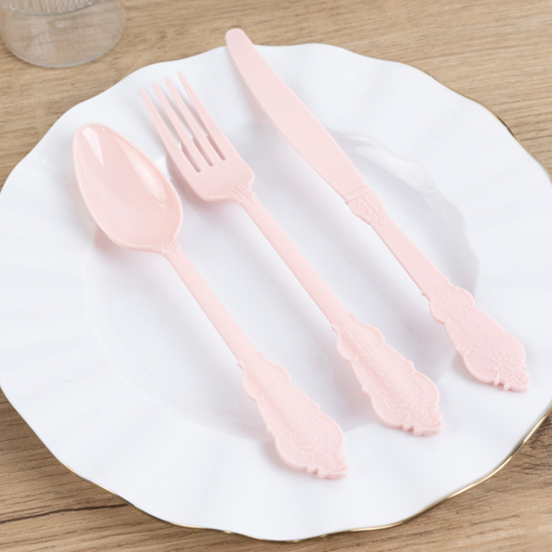 Plastic Silverware Set 72 Pcs Blush in Baroque Style | eFavormart