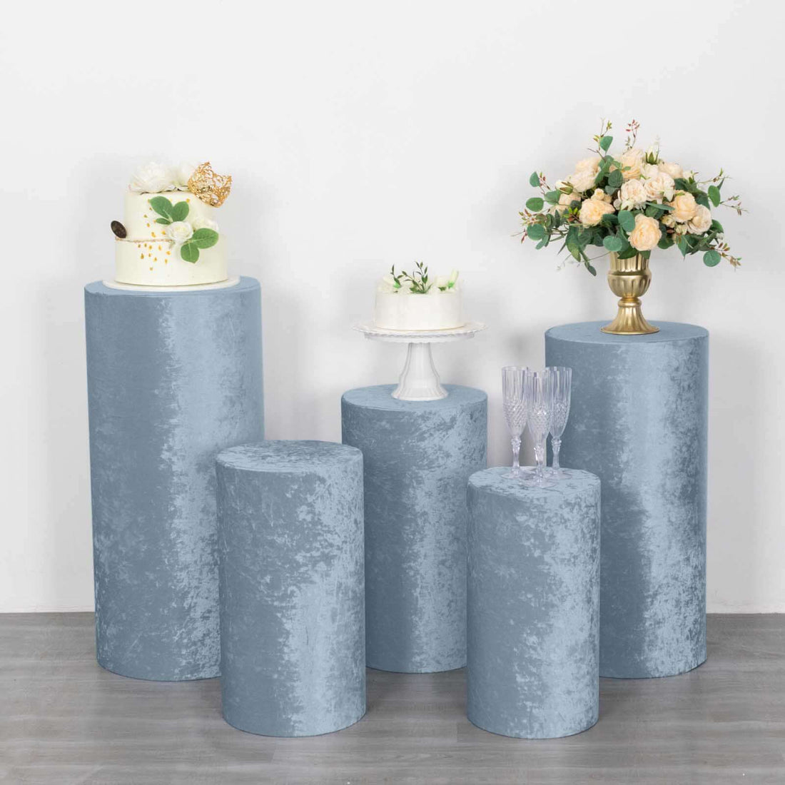 5 Dusty Blue Velvet Cylinder Pillar Prop Covers | eFavormart