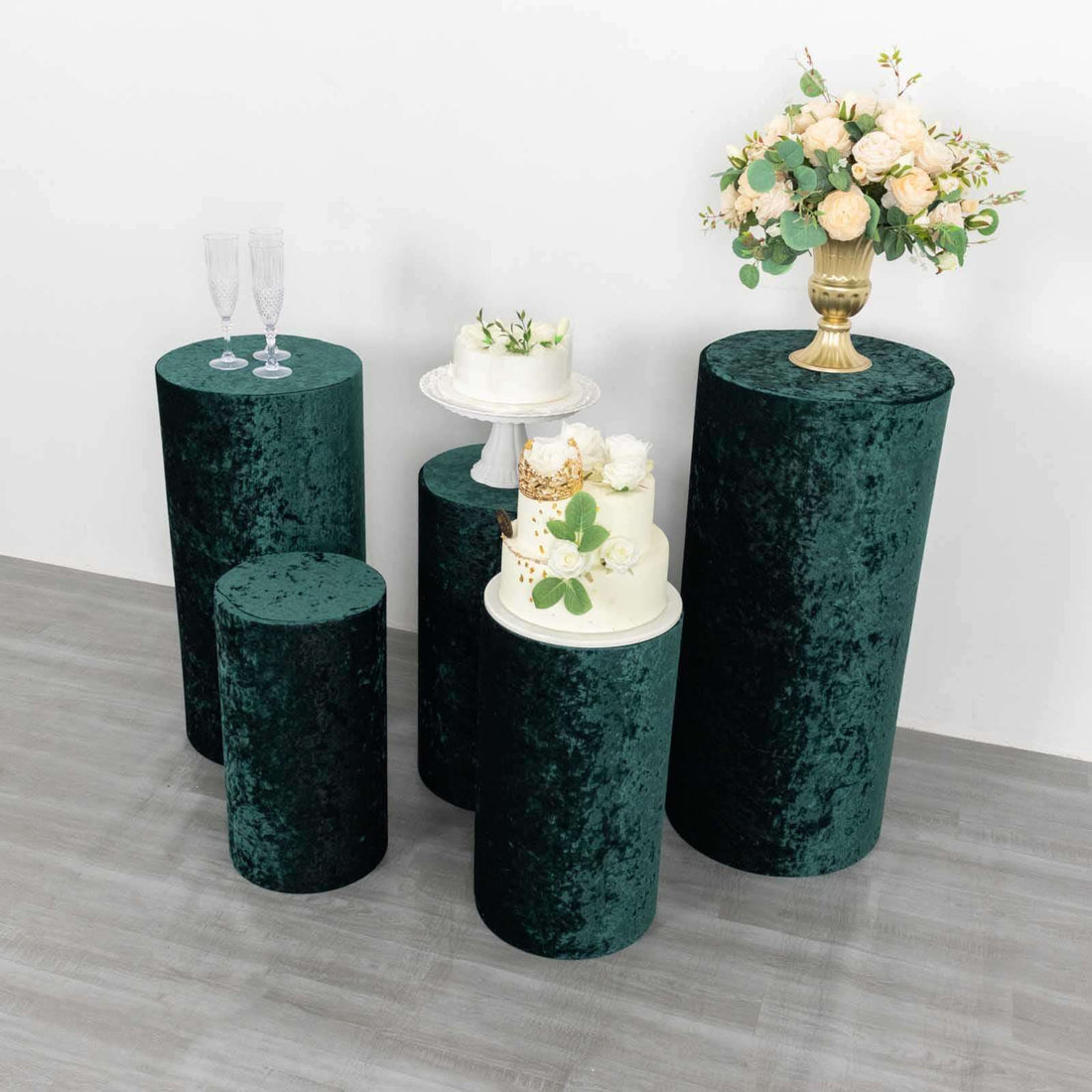 5 Green Crushed Velvet Cylinder Pillar Prop Covers | eFavormart